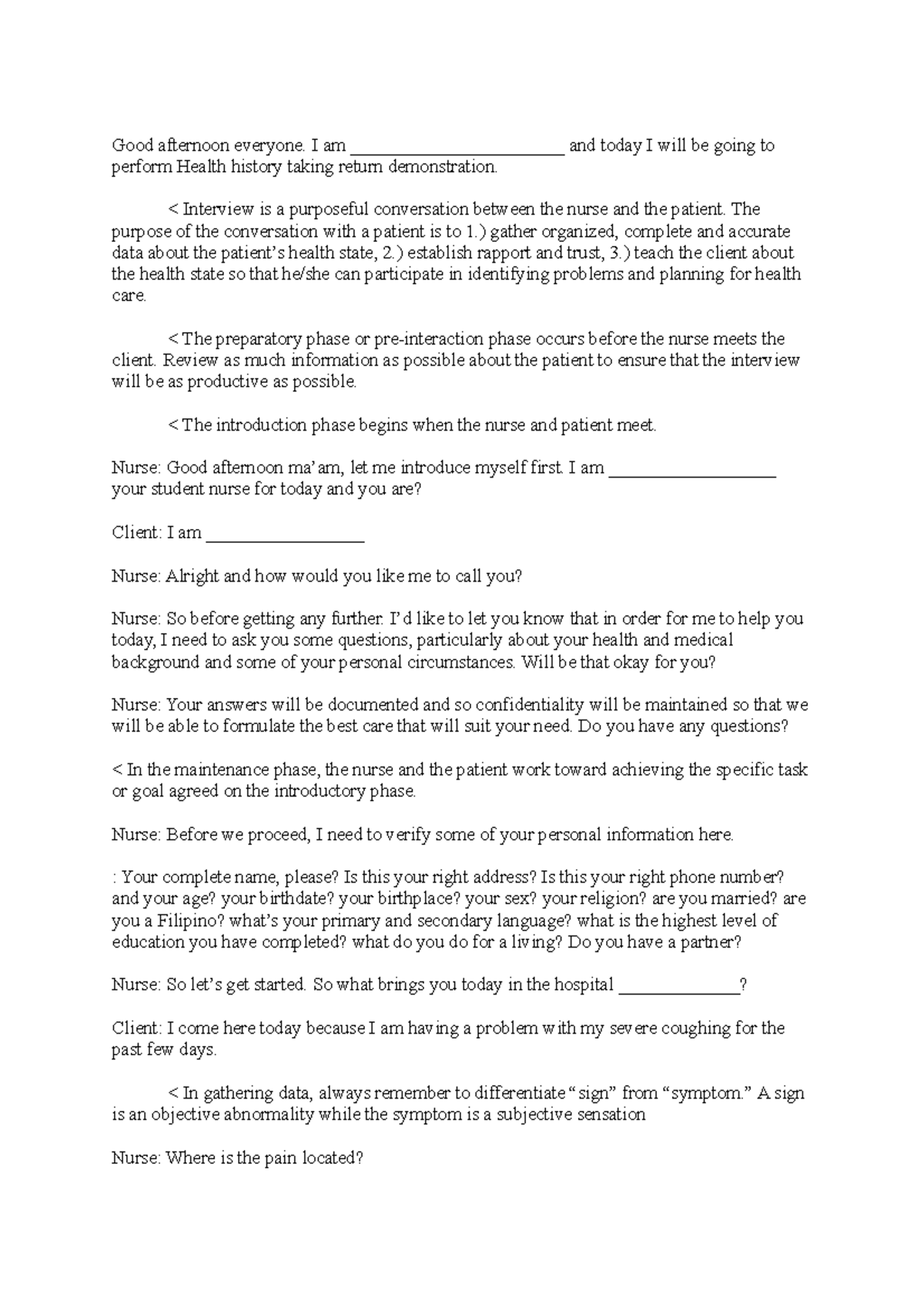 Health history taking - retdem - Good afternoon everyone. I am ...