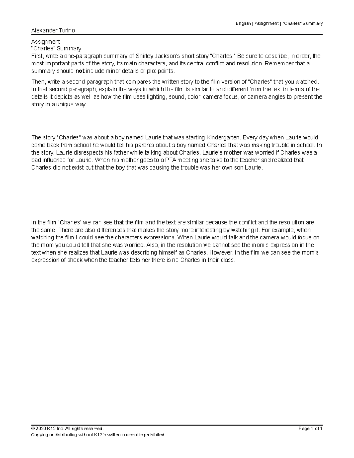 LA 2.03 TGA - English | Assignment | “Charles” Summary Alexander Turino ...