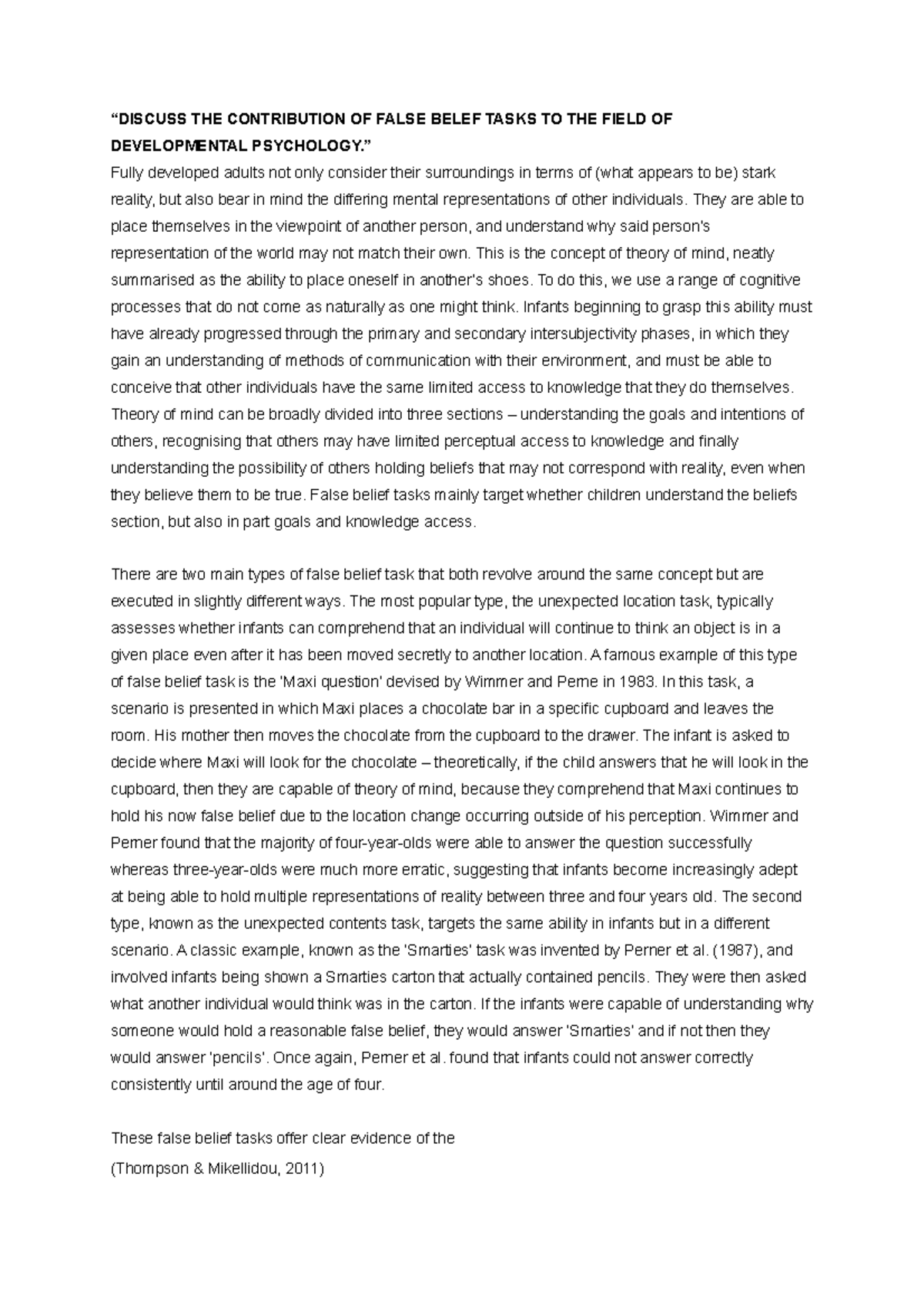 False belief practice essay - “DISCUSS THE CONTRIBUTION OF FALSE BELEF ...