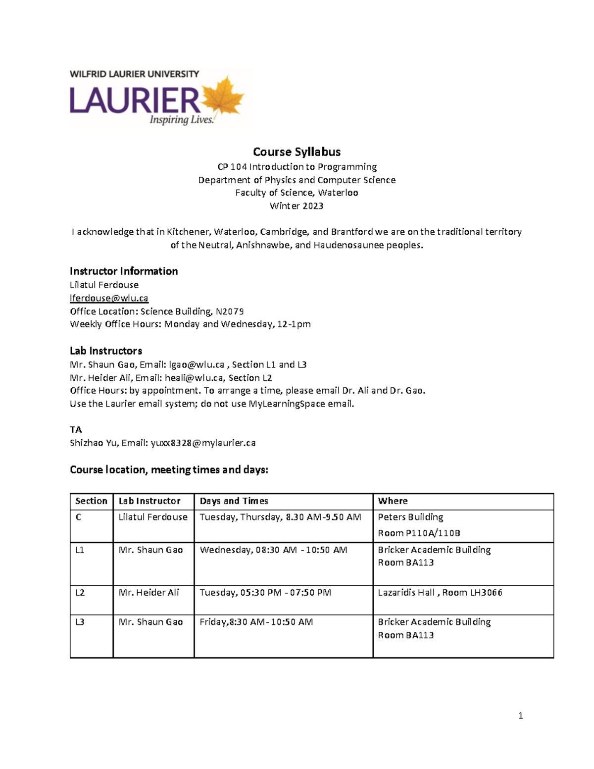 CP104 Syllabus Winter 2023 - Course Syllabus CP 104 Introduction to ...