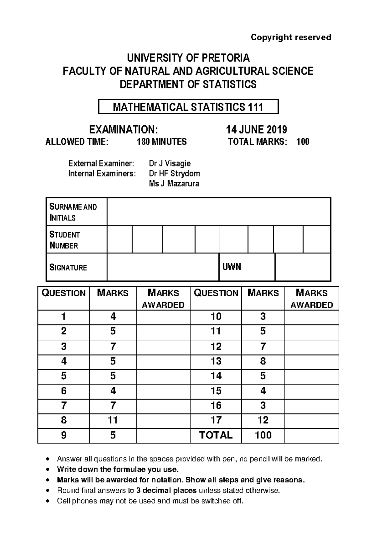 Exam 2019 - exam paper - Copyright reserved UNIVERSITY OF PRETORIA ...