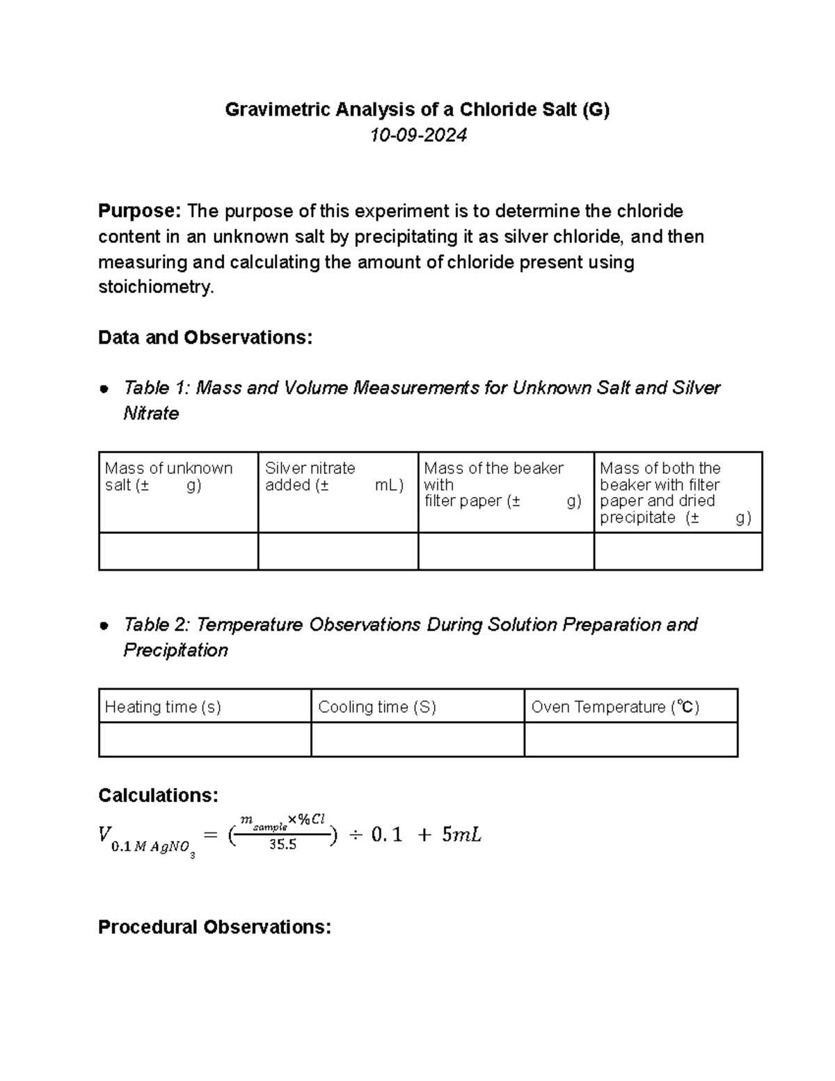 G pre lab - g pre lab - Gravimetric Analysis of a Chloride Salt (G) 10 ...
