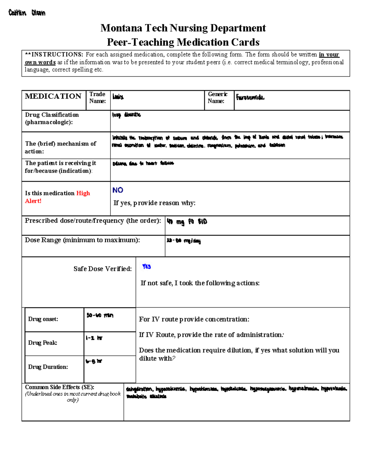 Drug Card - Lasix - Information about furosemide. - Montana Tech ...