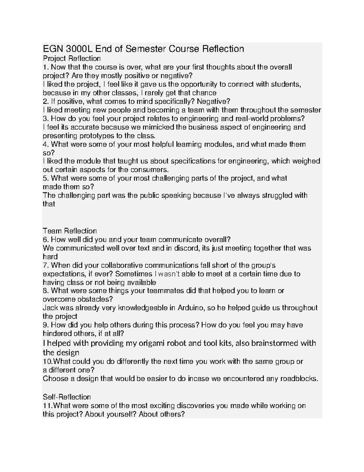 Reflection - Notes - EGN 3000L End of Semester Course Reflection ...