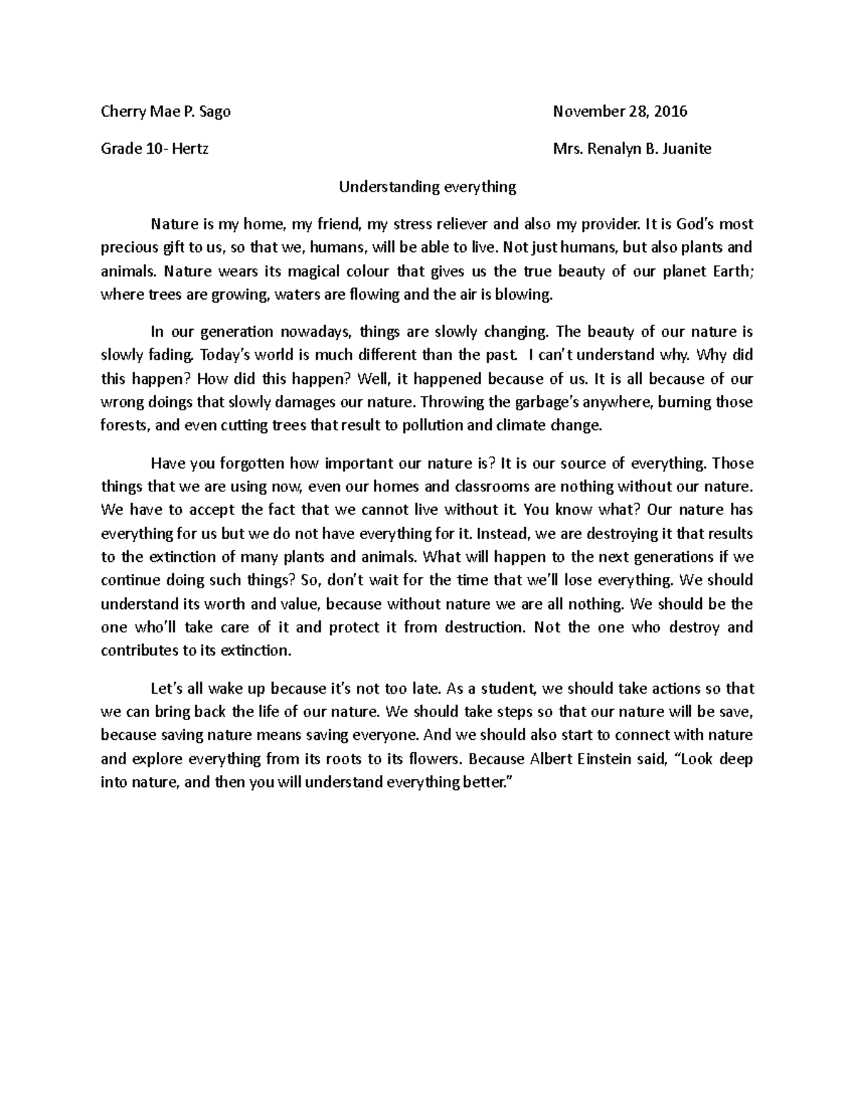 My Speech - Grade: 10 - Cherry Mae P. Sago November 28, 2016 Grade 10 ...