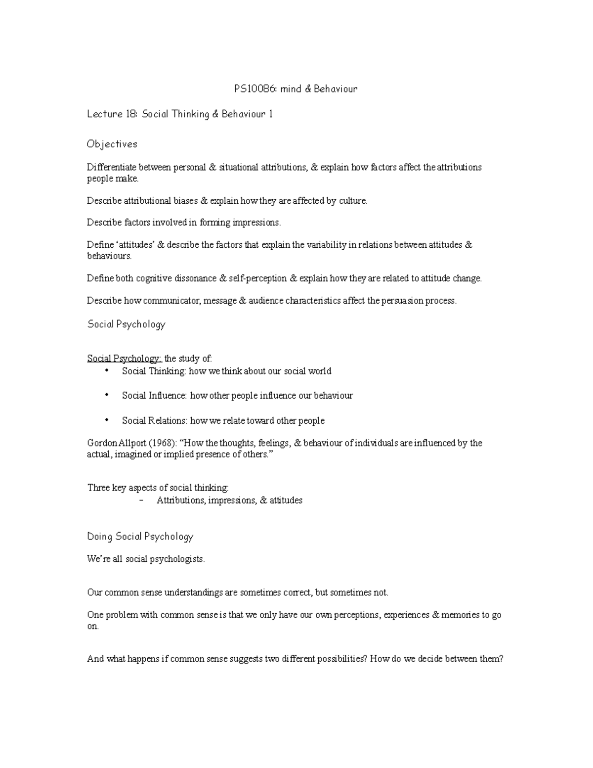 Social Thinking & Behaviour 1 - PS10086: mind & Behaviour Lecture 18: Social Thinking - Studocu