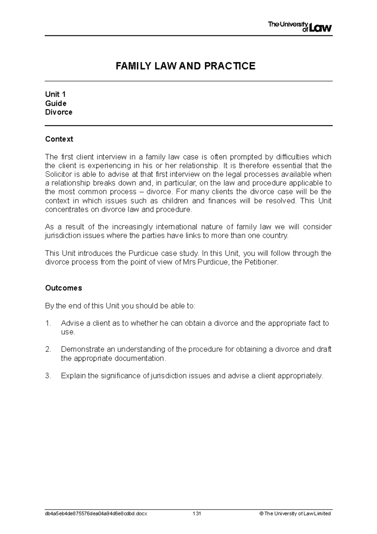 Workshop 1 - Divorce - Lecture notes 1 - FAMILY LAW AND PRACTICE Unit 1 ...