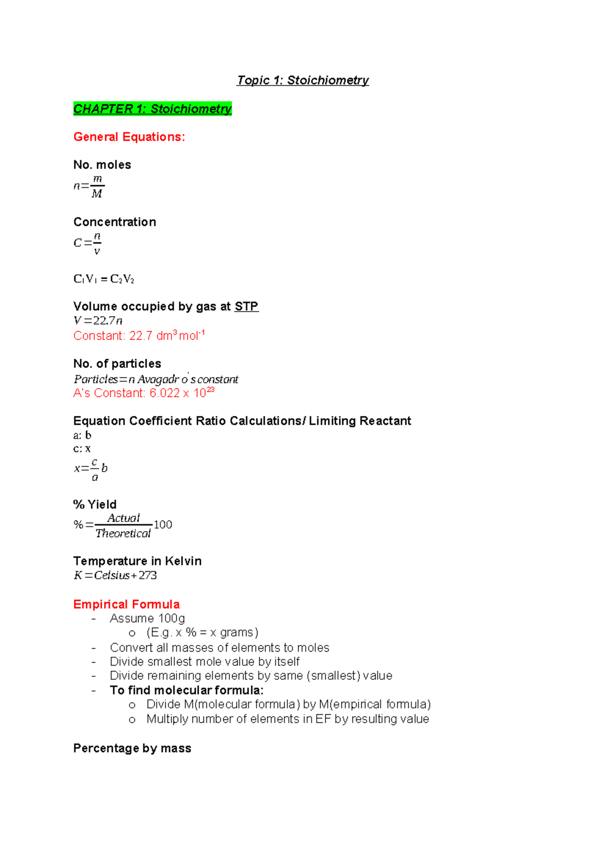 Topic 1 - IB chem HL notes - Topic 1: Stoichiometry CHAPTER 1 ...