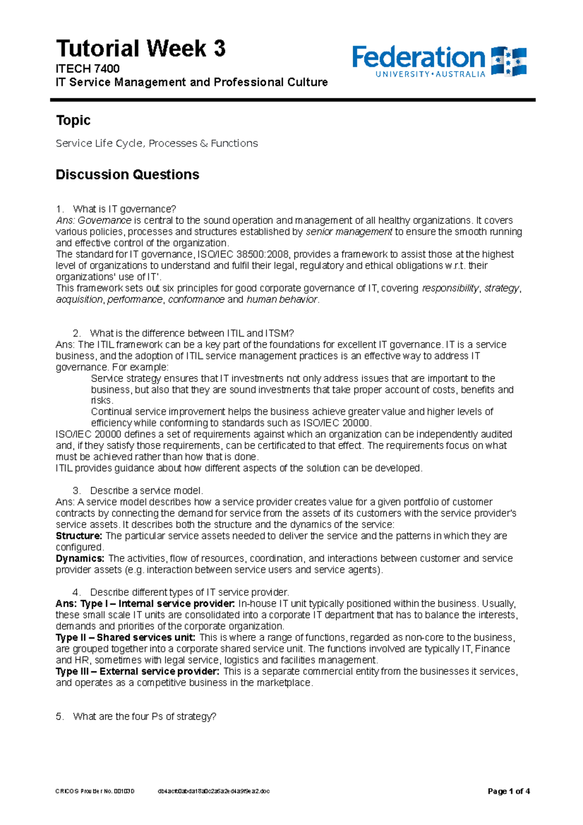 Tutorial Tasks Week 3 of 7400 - Tutorial Week 3 ITECH 7400 IT Service ...