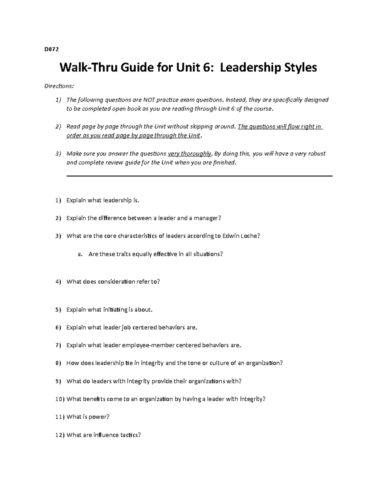 D072 Unit 6 Walk-Thru Guide - Leadership Styles - D Walk-Thru Guide for ...