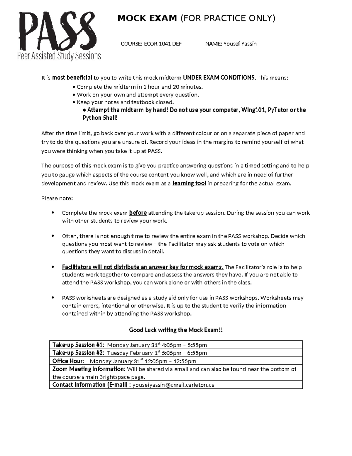 DEF - Mock Midterm - COURSE: ECOR 1041 DEF NAME: Yousef Yassin It is ...