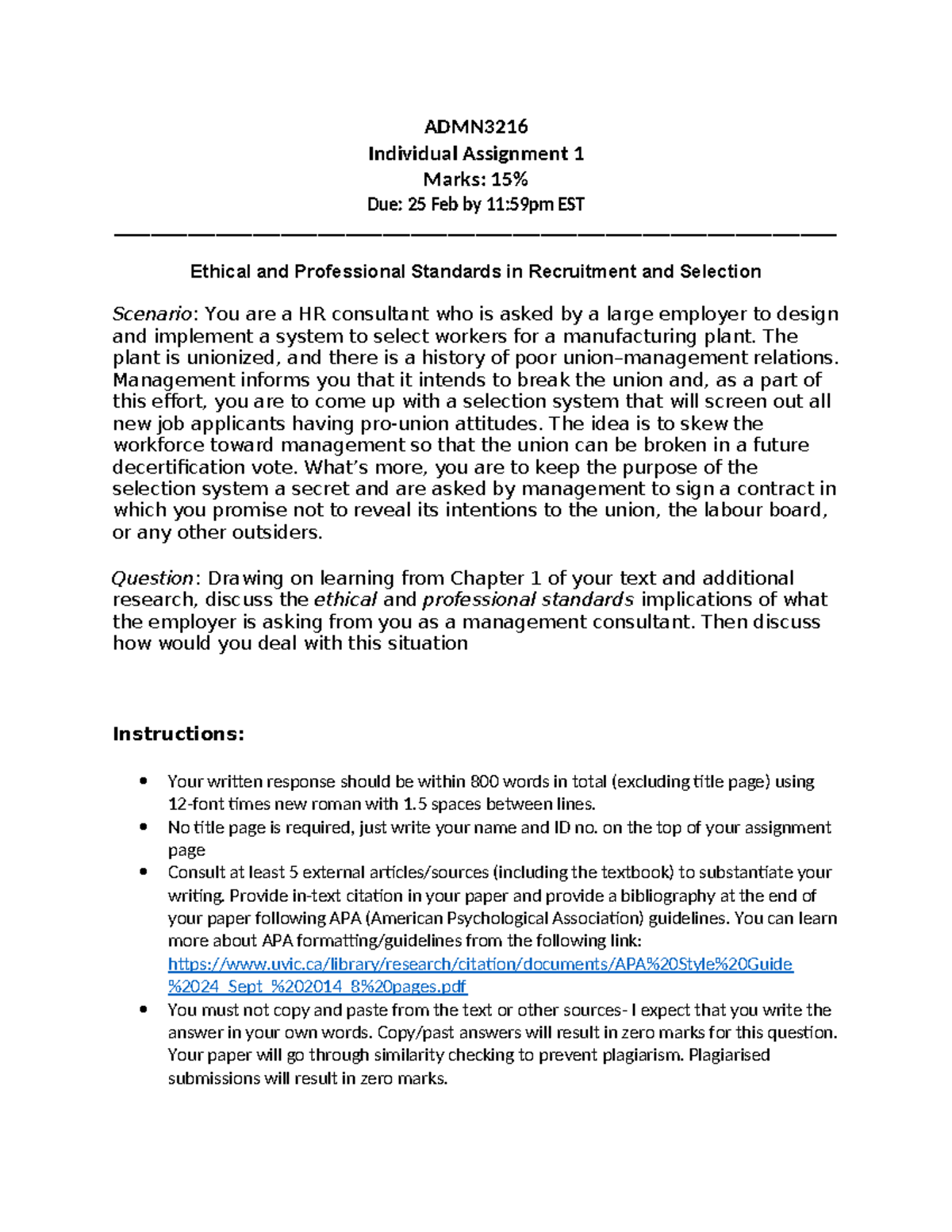 Individual Assignment 1 - ADMN Individual Assignment 1 Marks: 15% Due ...