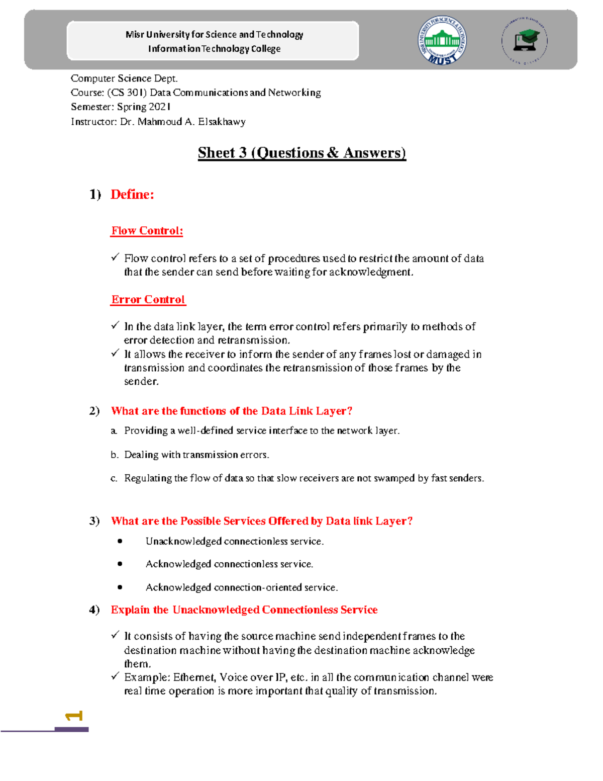 Sheet 3 Week 4 - Data Communications and Networking. - Information ...