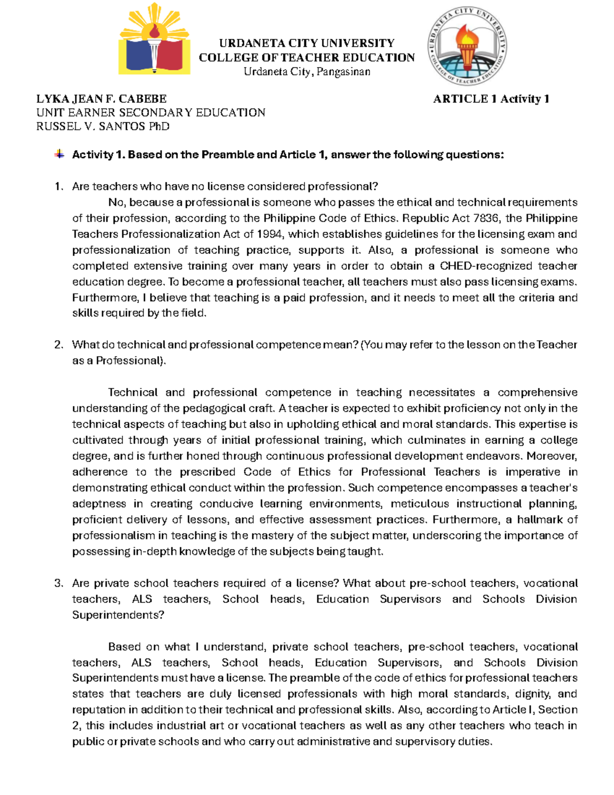 Cabebe Article 1 Activity 1 Teaching Profession - URDANETA CITY ...