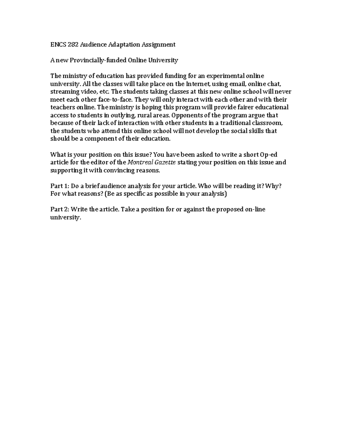 ENCS 282 – Audience Adaptation Assignment - Online University - ENCS 282 Audience Adaptation ...