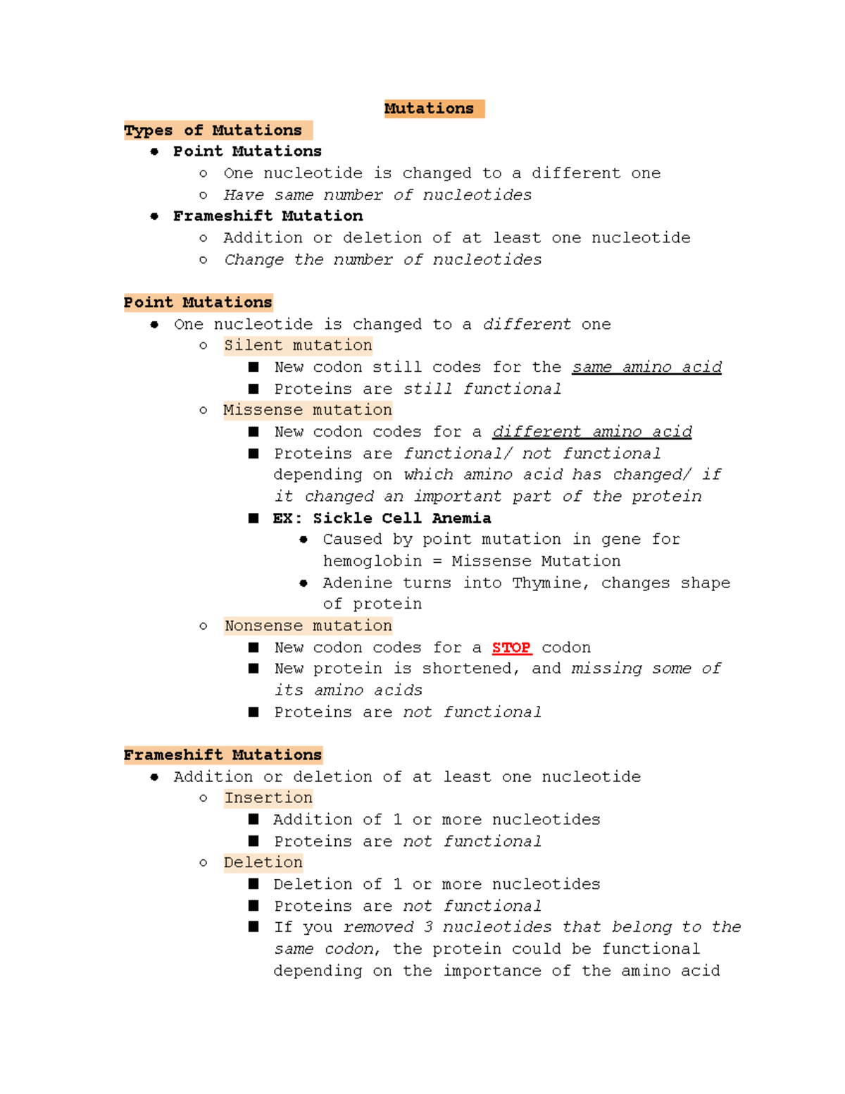 Mutations - Mutations Types of Mutations Point Mutations One nucleotide ...
