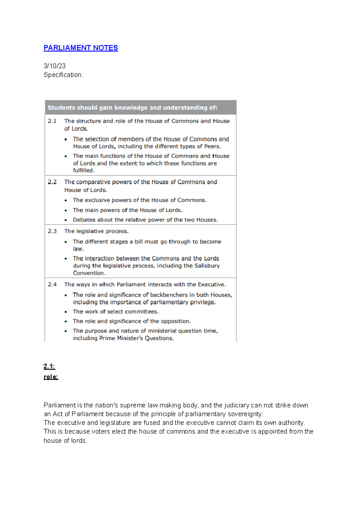 Parliament notes - PARLIAMENT NOTES 3/10/ Specification: 2: role ...