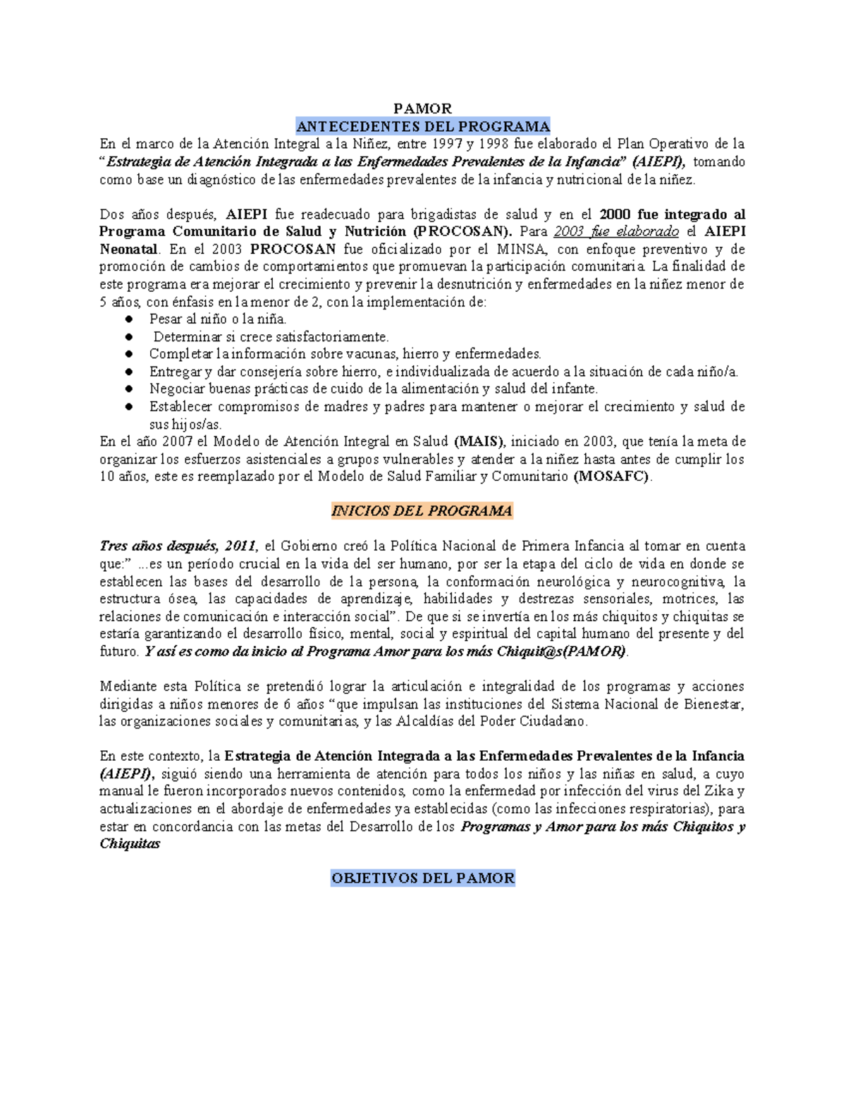 PAMOR (programa amor para los más chiquitos) - PAMOR ANTECEDENTES DEL ...