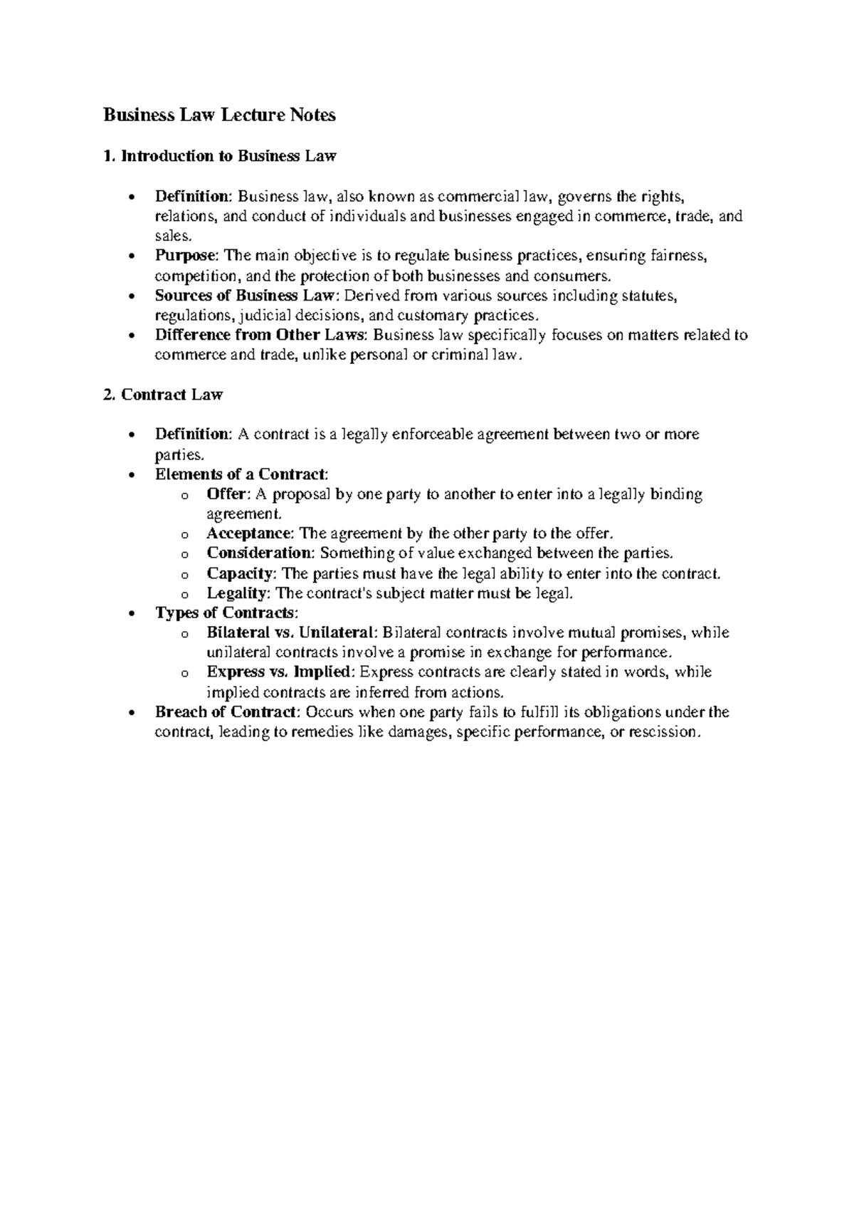 Elements of a contract - Business Law Lecture Notes 1. Introduction to ...