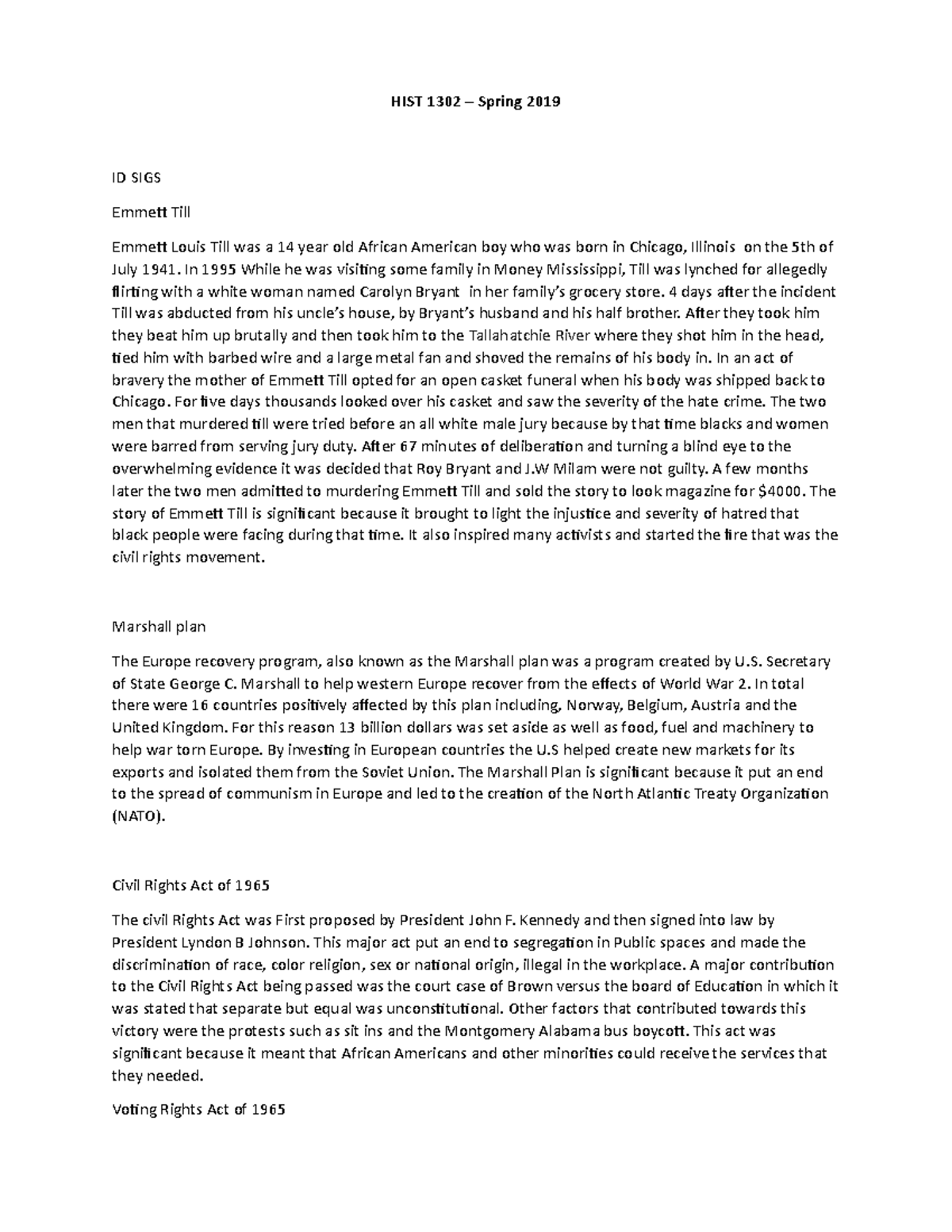 Exam 2 Study Guide - Professor Wisely - HIST 1302 – Spring 2019 ID SIGS ...