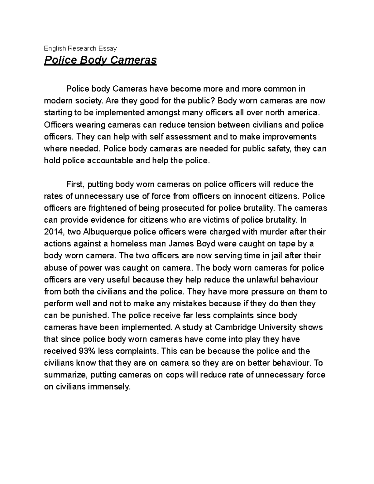 English Research Essay - English Research Essay Police Body Cameras ...