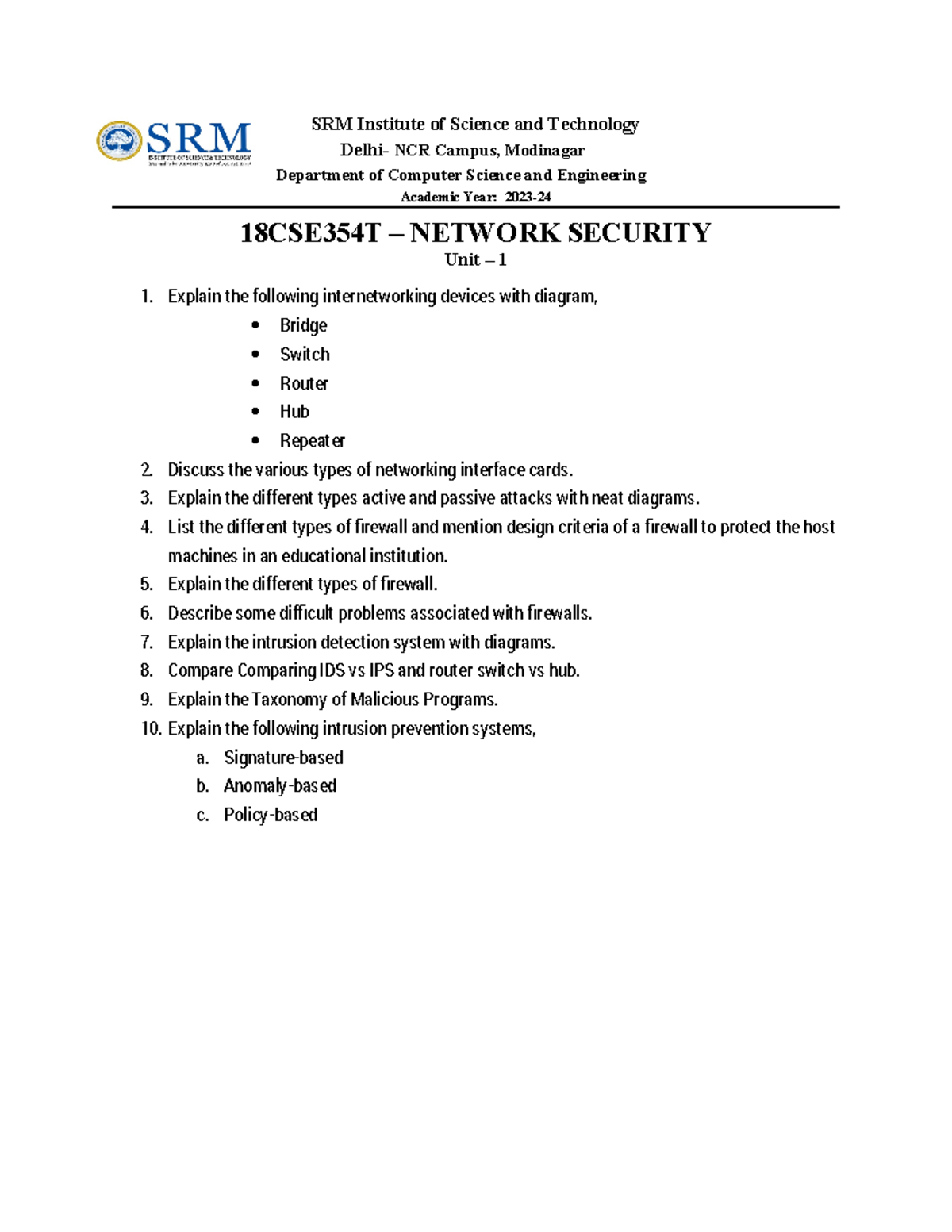 NS Assignment 1 - SRM Institute of Science and Technology Delhi- NCR Campus, Modinagar ...