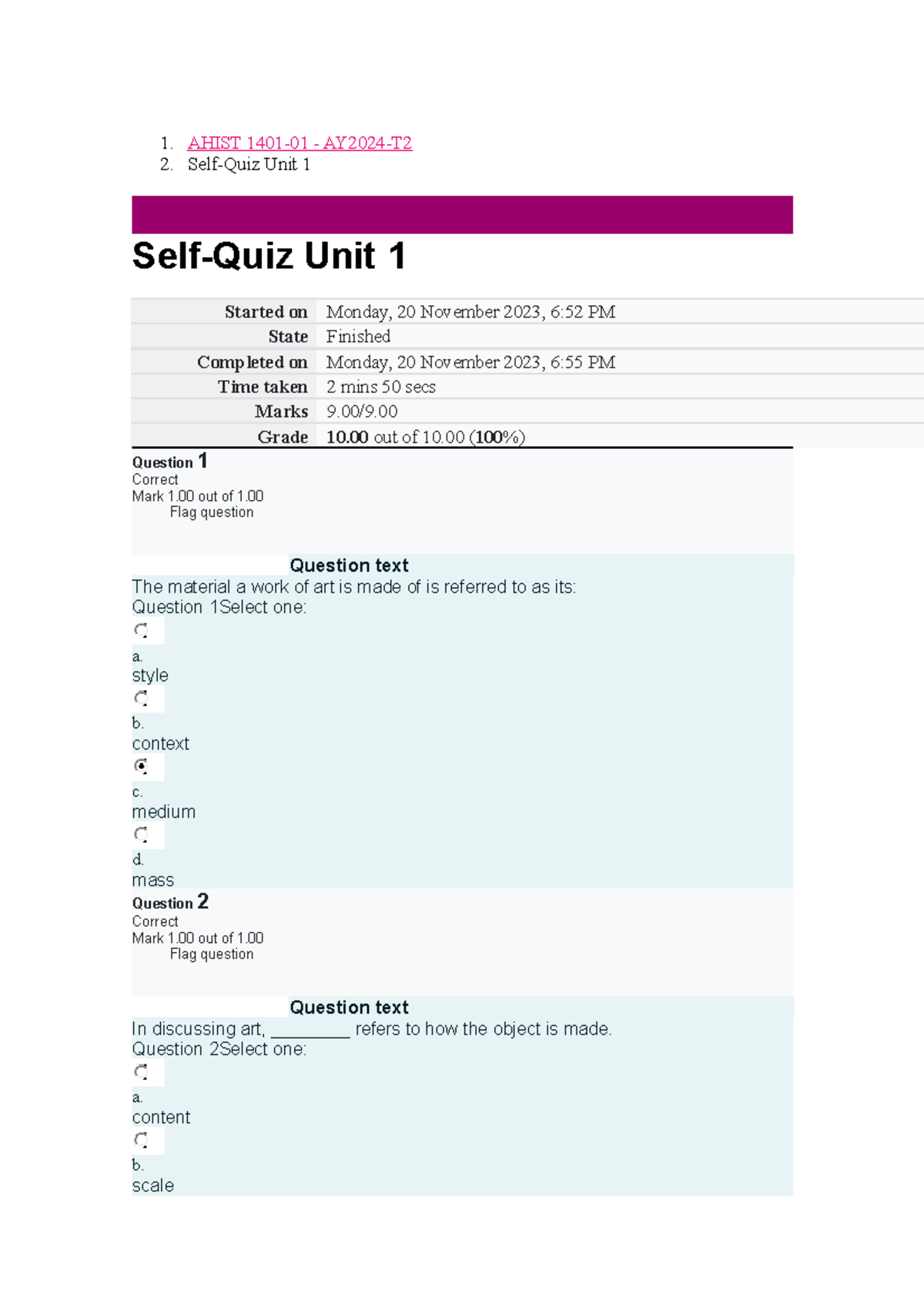 AHIST 1401 Self-Quiz Unit 1 - 1. AHIST 1401-01 - AY2024-T 2. Self-Quiz Unit 1 Self-Quiz Unit 1 ...