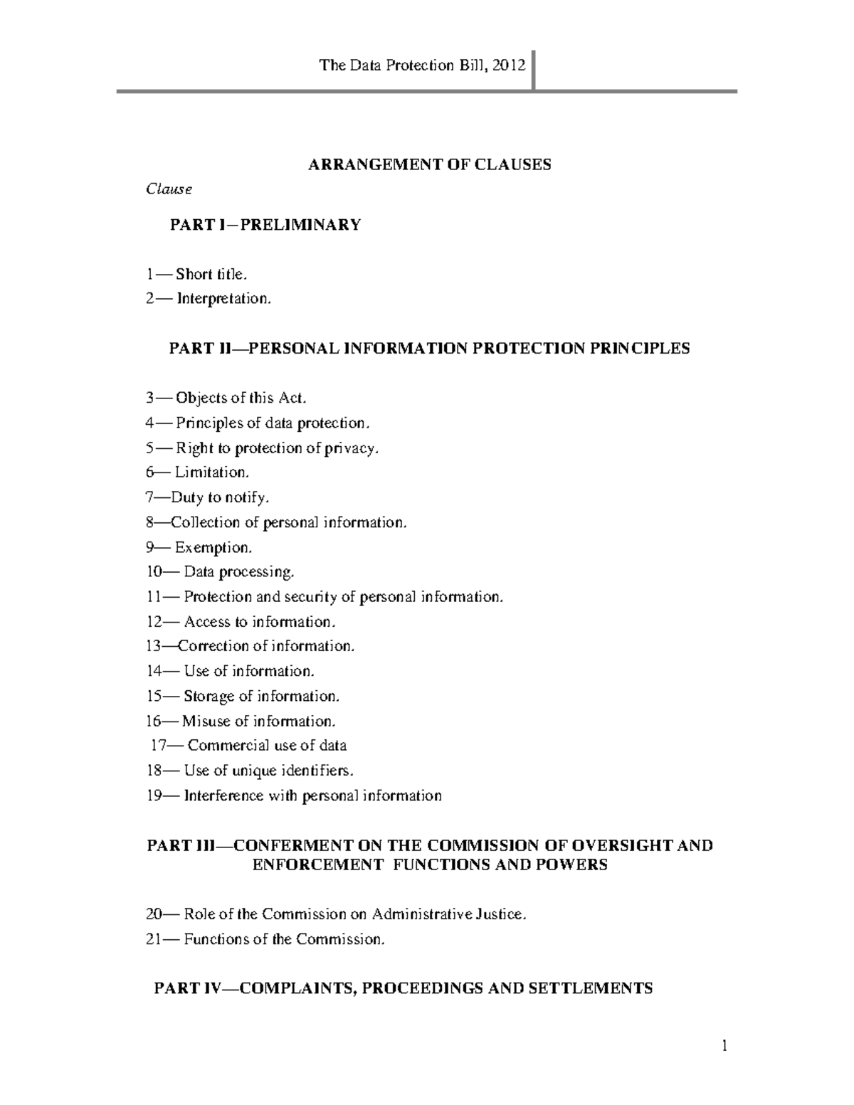 Data Protection Bill 2012 - Final to AG - ARRANGEMENT OF CLAUSES Clause ...