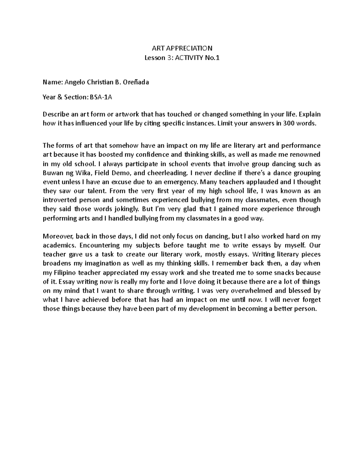 Art Appreciation Lesson 3 Activity 1 (with questions) BS ACCOUNTANCY ...