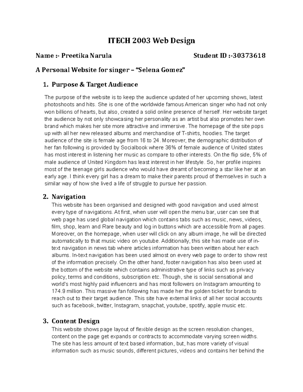 Web design Ass 1 - asignment 1 - ITECH 2003 Web Design Name :- Preetika Narula Student ID :- A ...