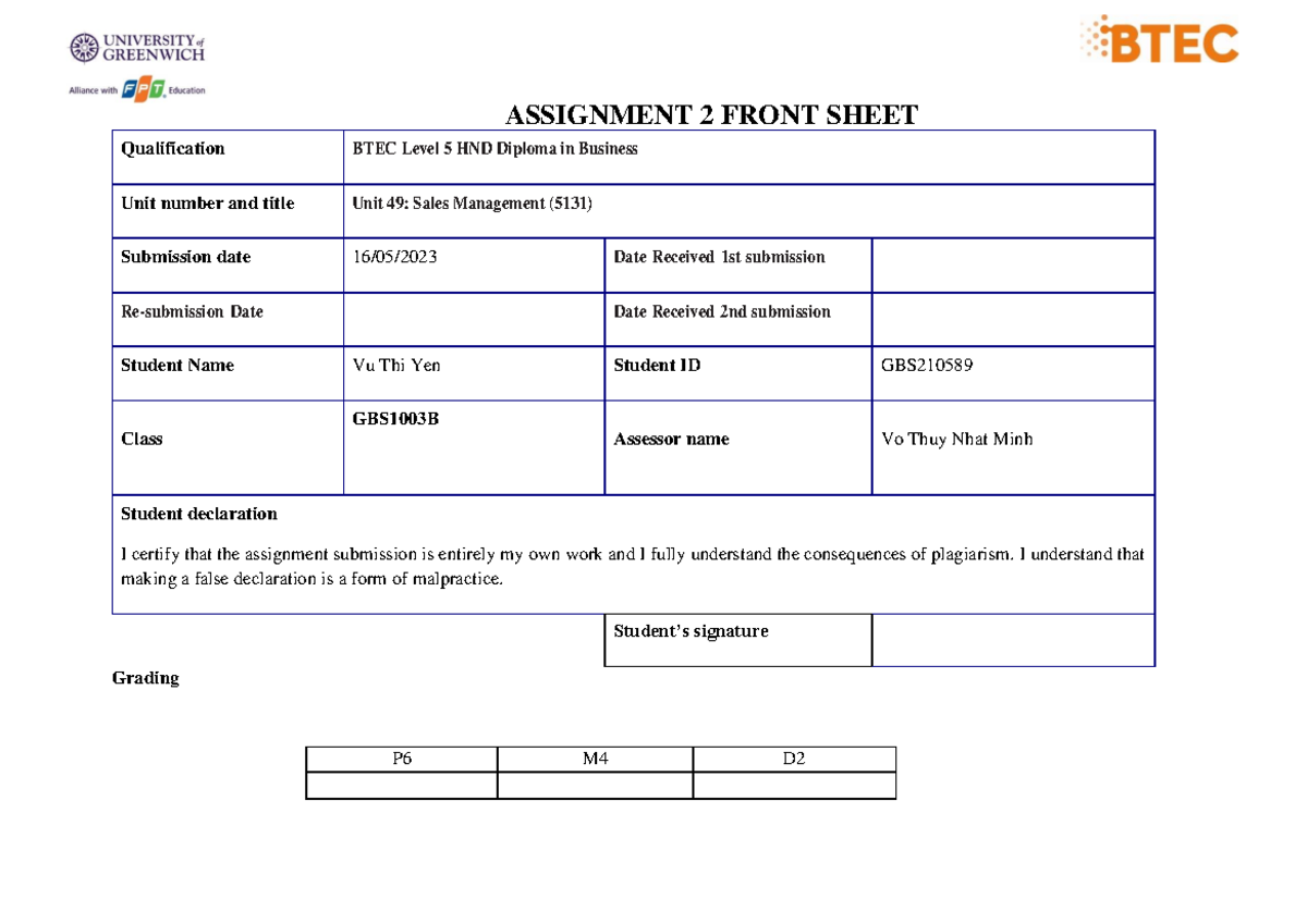 5131 Asm2 - lksjkdbkjebfkbl - ASSIGNMENT 2 FRONT SHEET Qualification BTEC Level 5 HND Diploma in ...