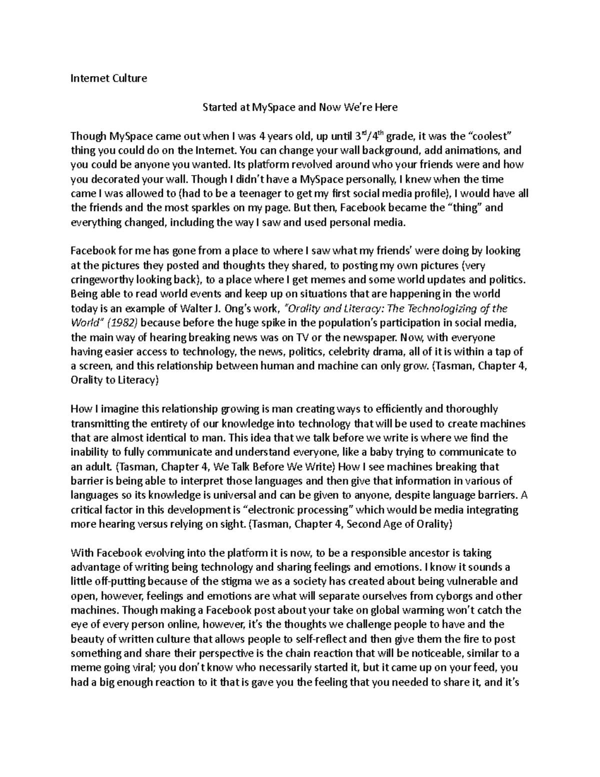 Internet Culture Essay 2 Final - Internet Culture Started at MySpace ...