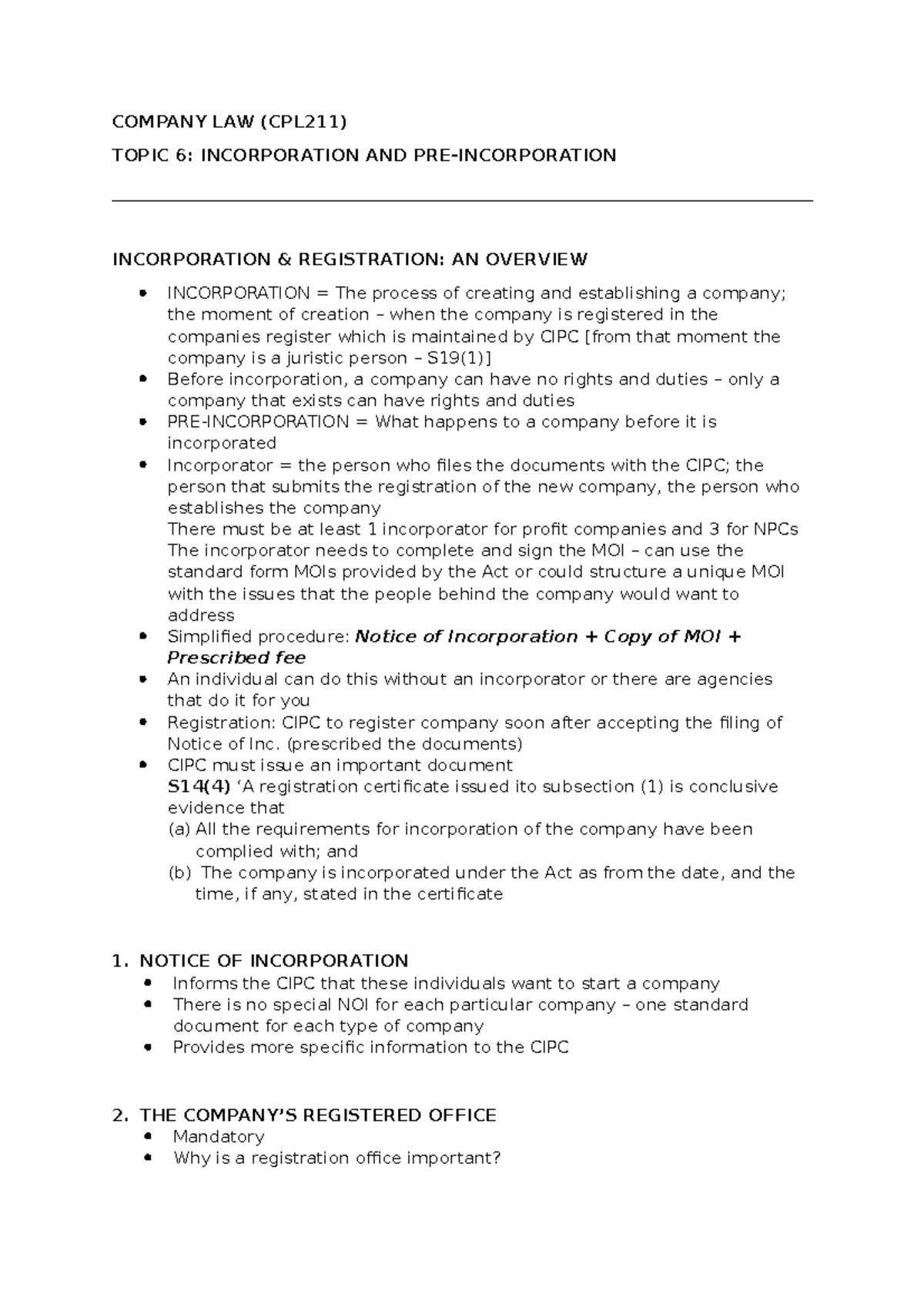 Topic 6: Incorporated and Pre-Incorporation Contracts - COMPANY LAW ...