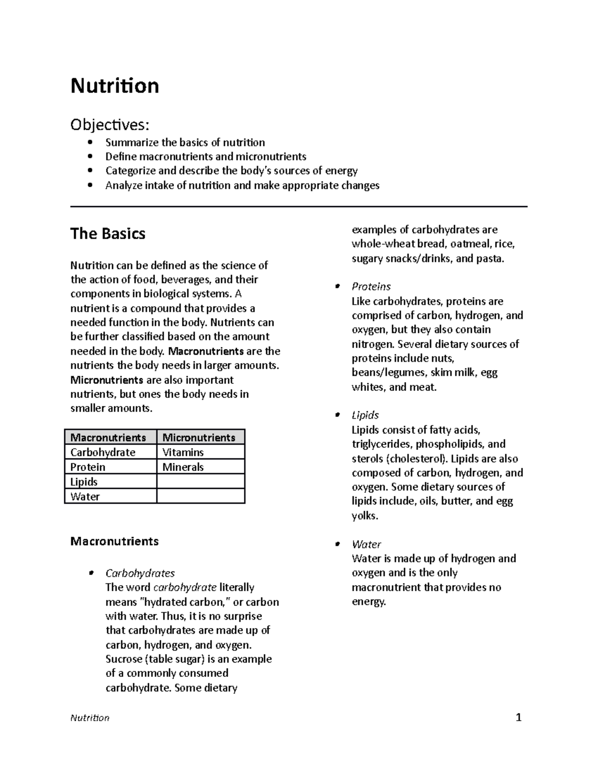 Nutrition-w-1 - Mr O'Neil class - Nutrition Objectives: Summarize the ...