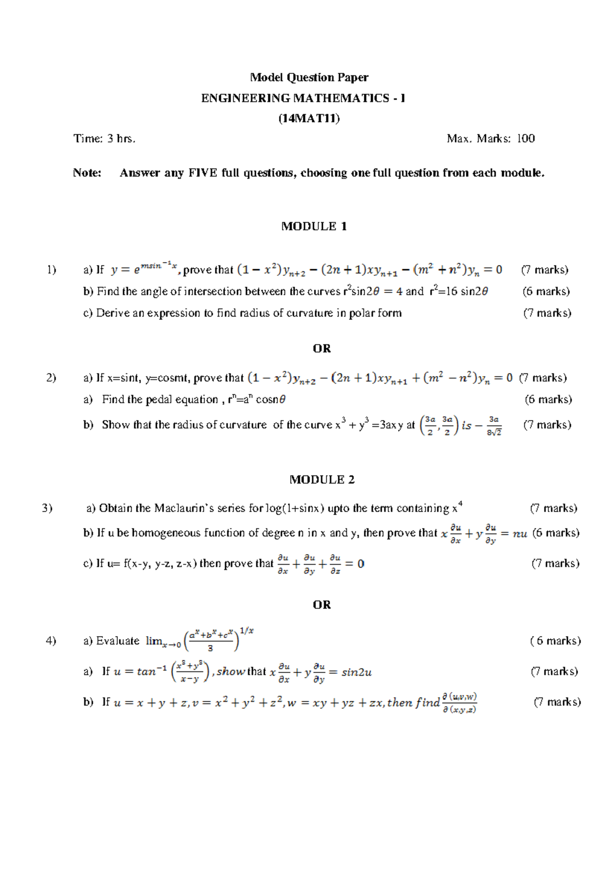 Eng matha 1 QP - Lecture notes 1 - Model Question Paper ENGINEERING ...