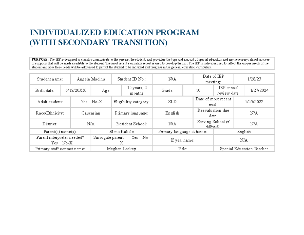 IEP Form 6-5 - INDIVIDUALIZED EDUCATION PROGRAM (WITH SECONDARY ...