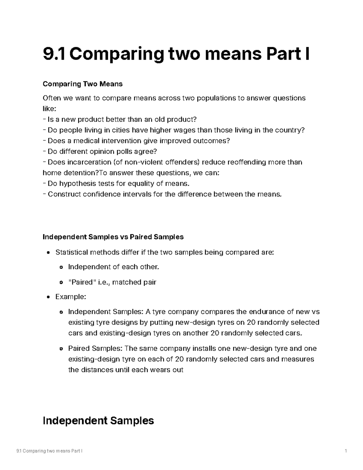 Comparing means - week 9 notes - 9 Comparing two means Part I 1 9 ...