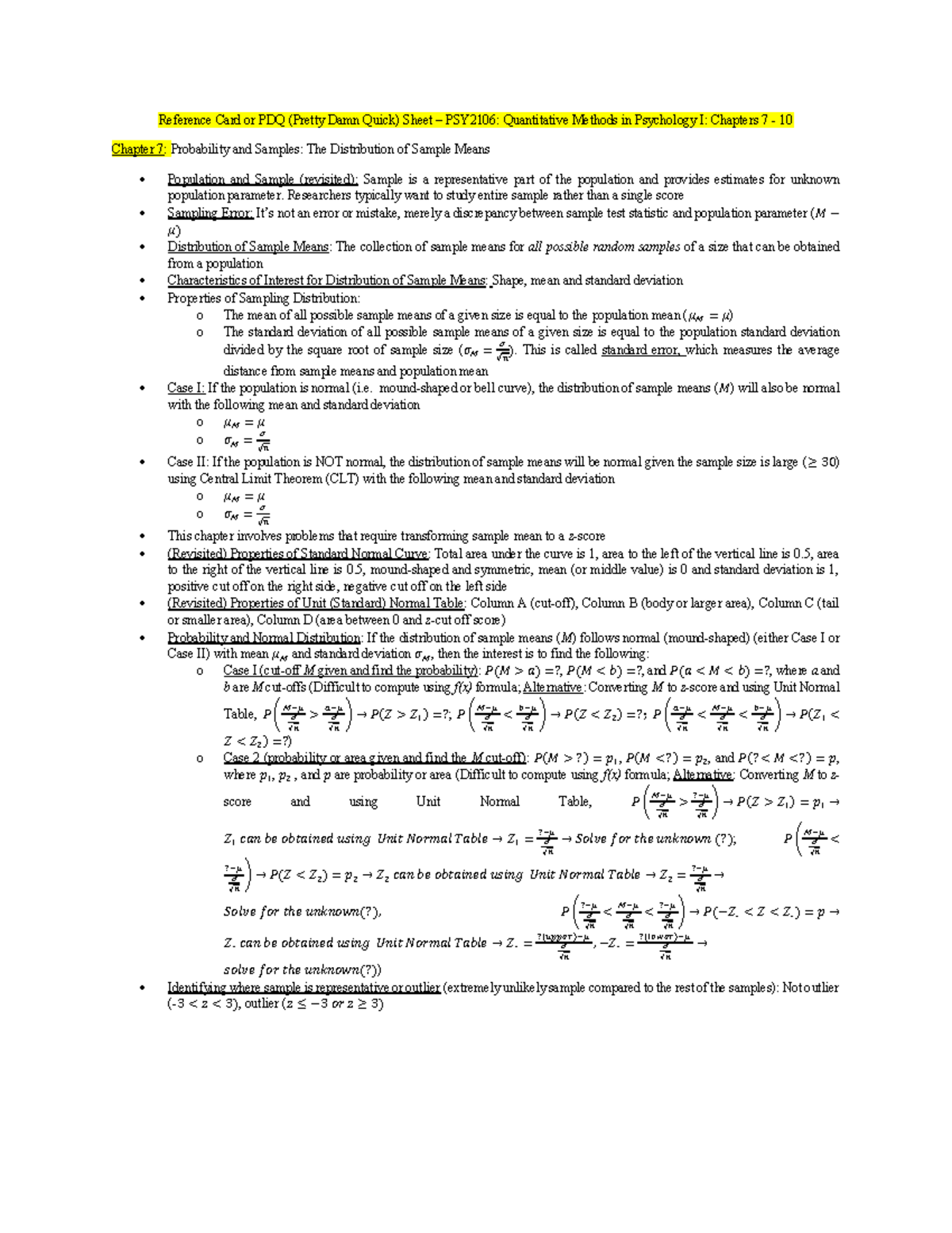 PDQ Sheet - PSY2106 (Chapters 7 - 10) - Reference Card or PDQ (Pretty ...