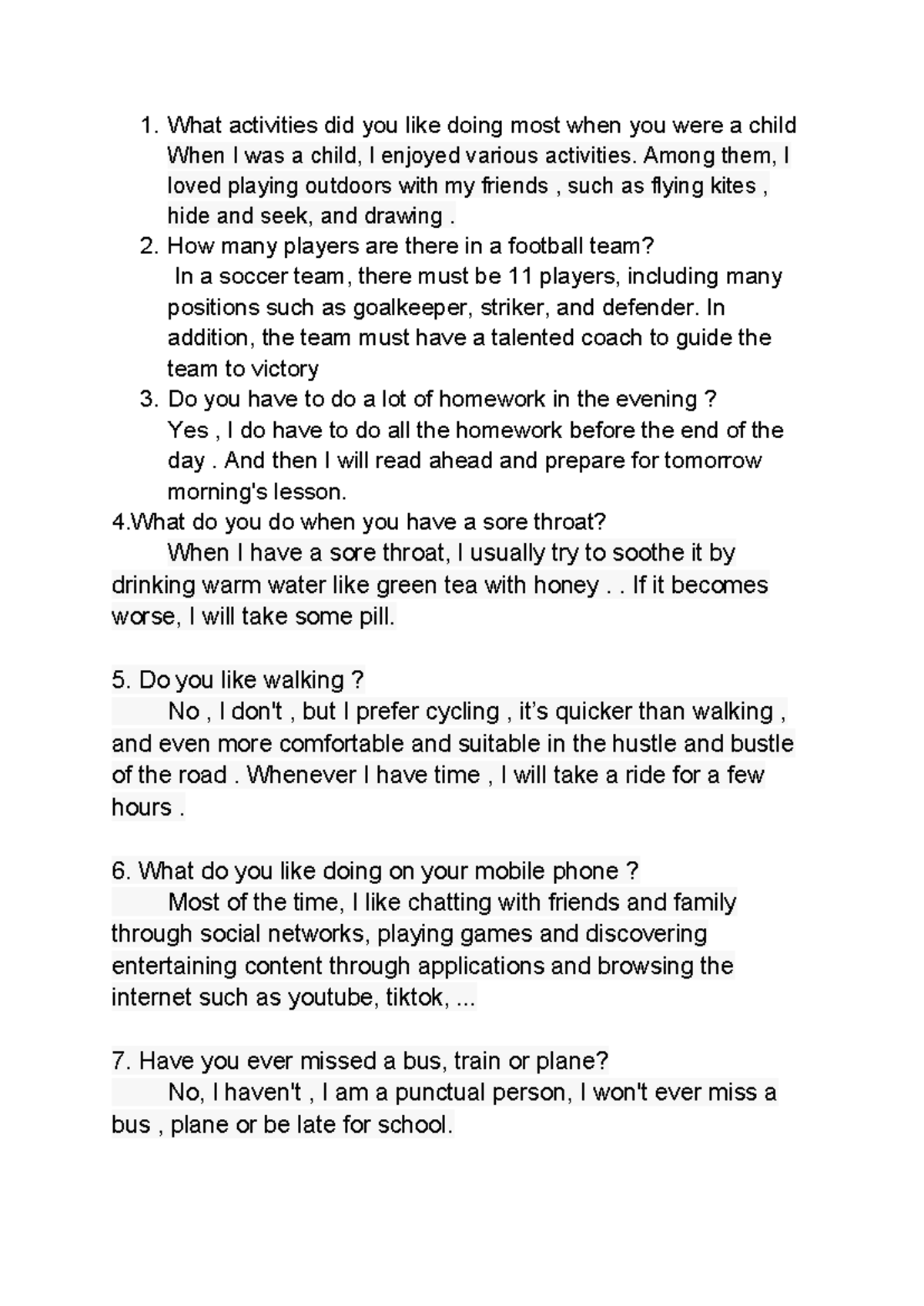 Speaking test 3 - no jkdkd - 1. What activities did you like doing most ...