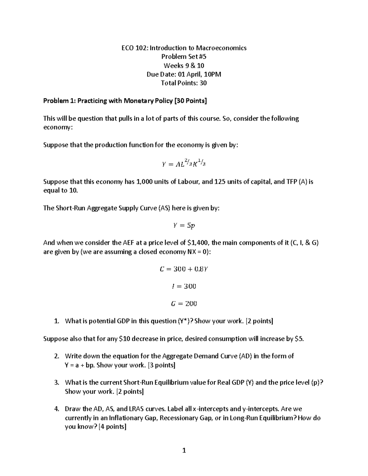 ECO102 Problem Set 5 - lecture notes - 1 ECO 102: Introduction to ...