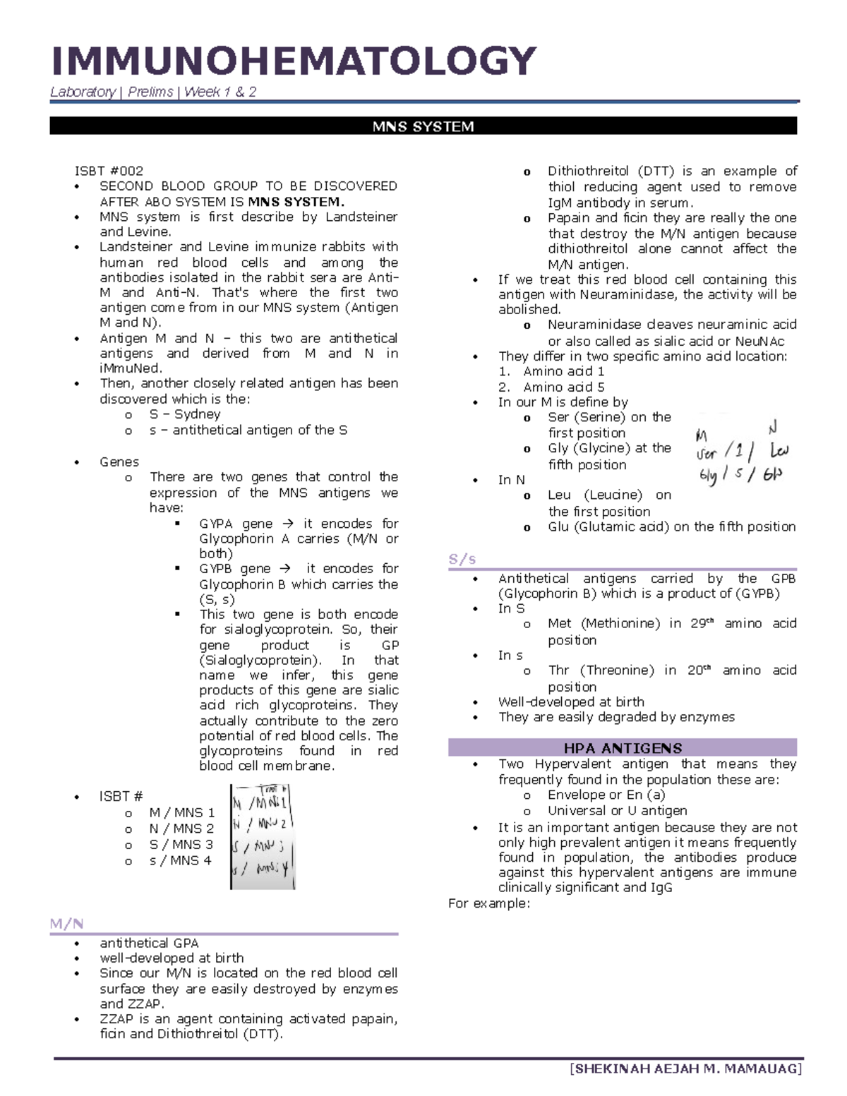MNS-system - Lecture notes 3 - IMMUNOHEMATOLOGY Laboratory | Prelims ...