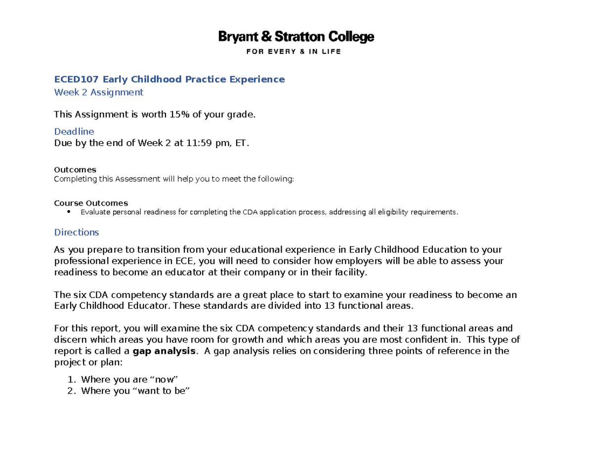 ECED 107 Gap Analysis Report - ECED107 Early Childhood Practice Experience Week 2 Assignment ...