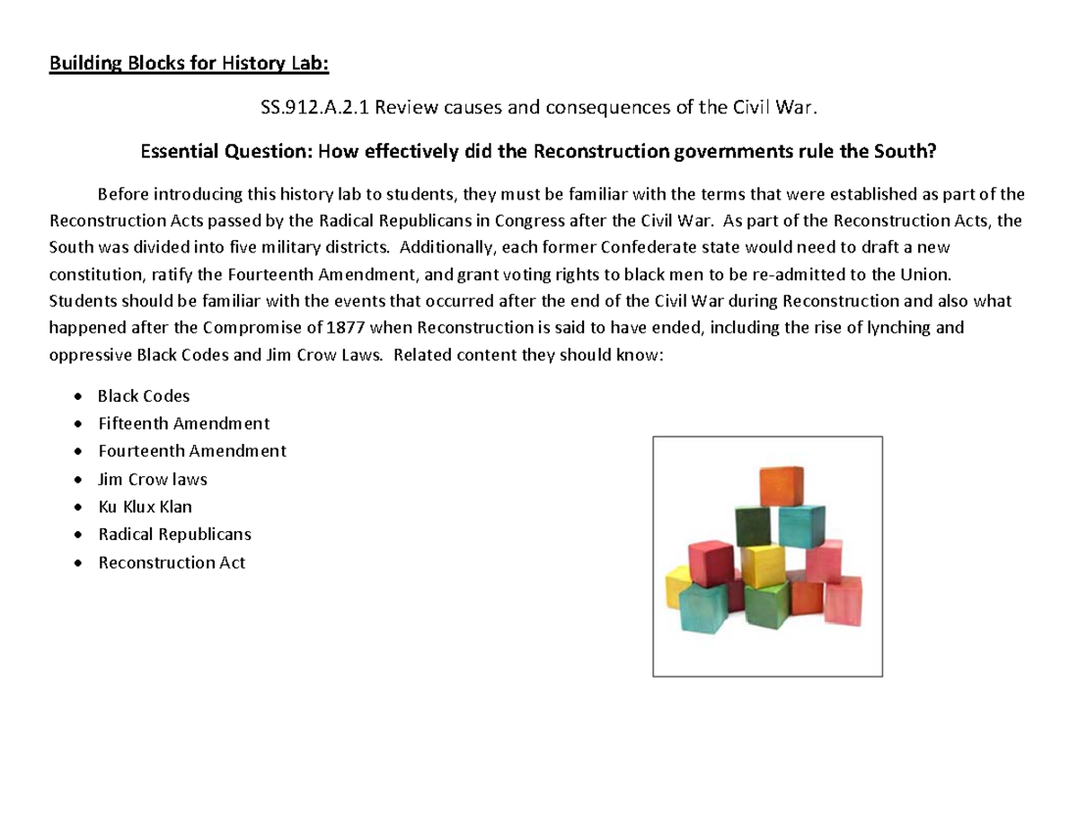 Hist Lab 2 - yp defikedmgsogm - Building Blocks for History Lab: SS.912 ...