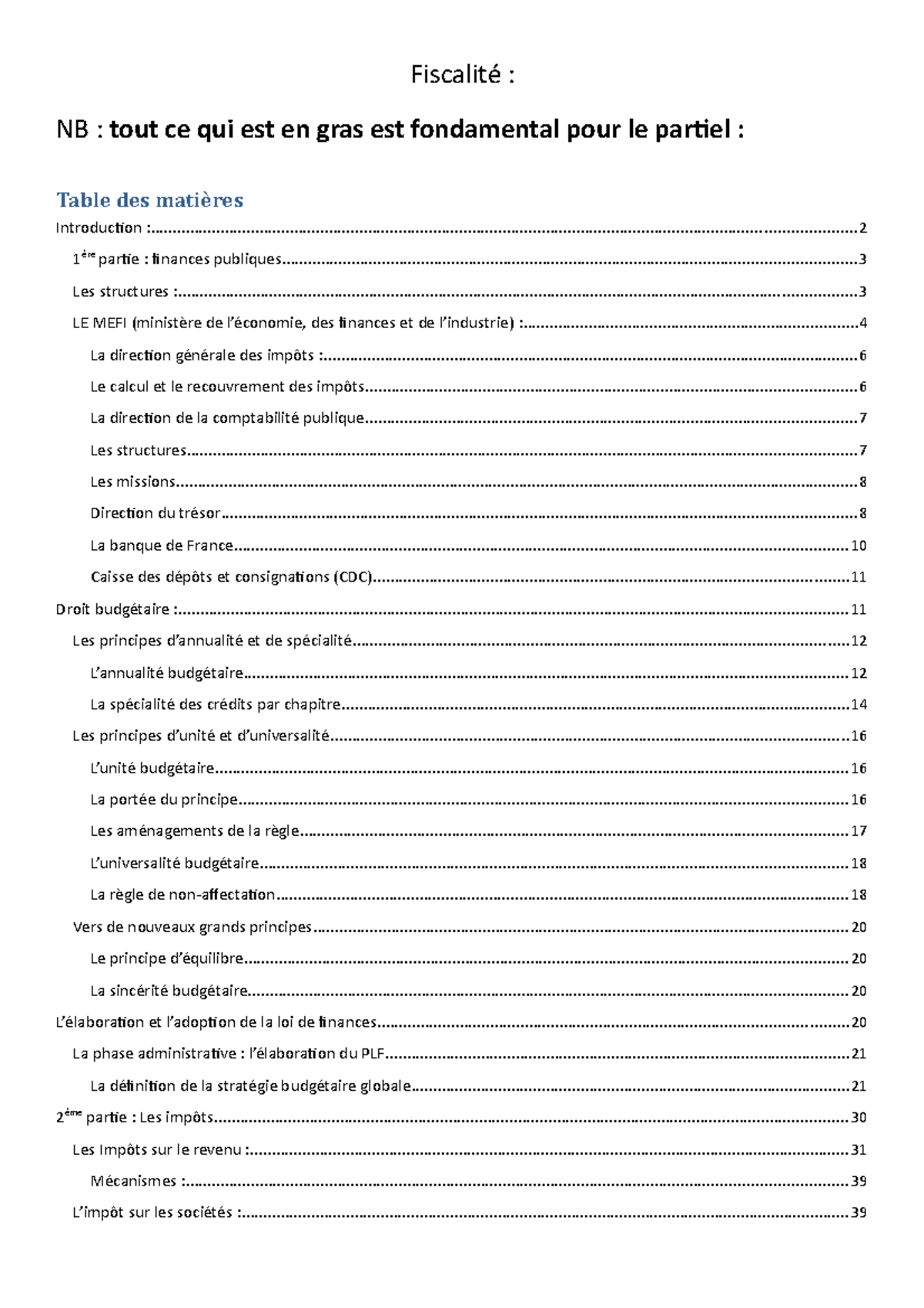 Fisca - L2 - Fiscalité : NB : tout ce qui est en gras est fondamental pour le partiel ...