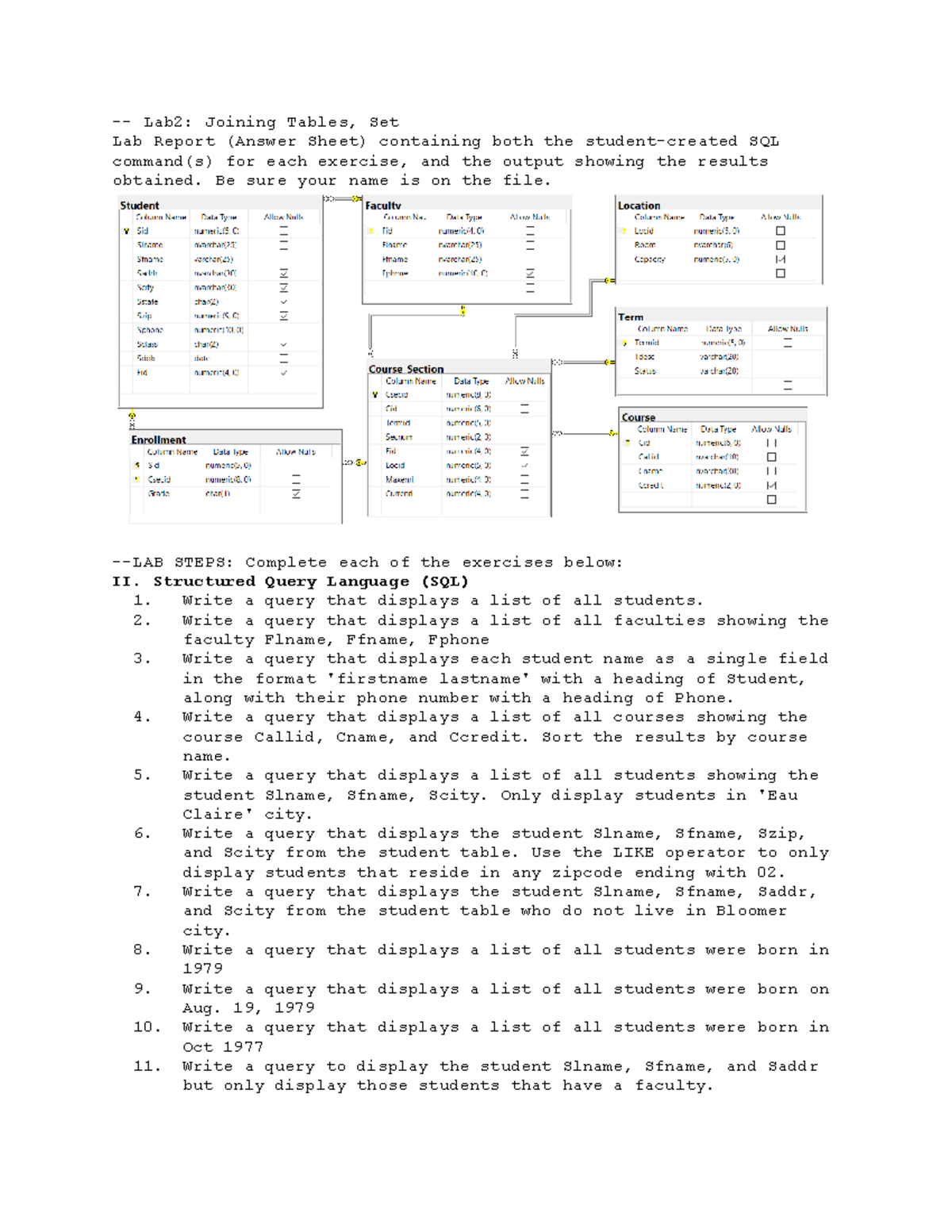 2 LAB2 Student Mgmt Join - Lab2: Joining Tables, Set Lab Report (Answer Sheet) containing both ...