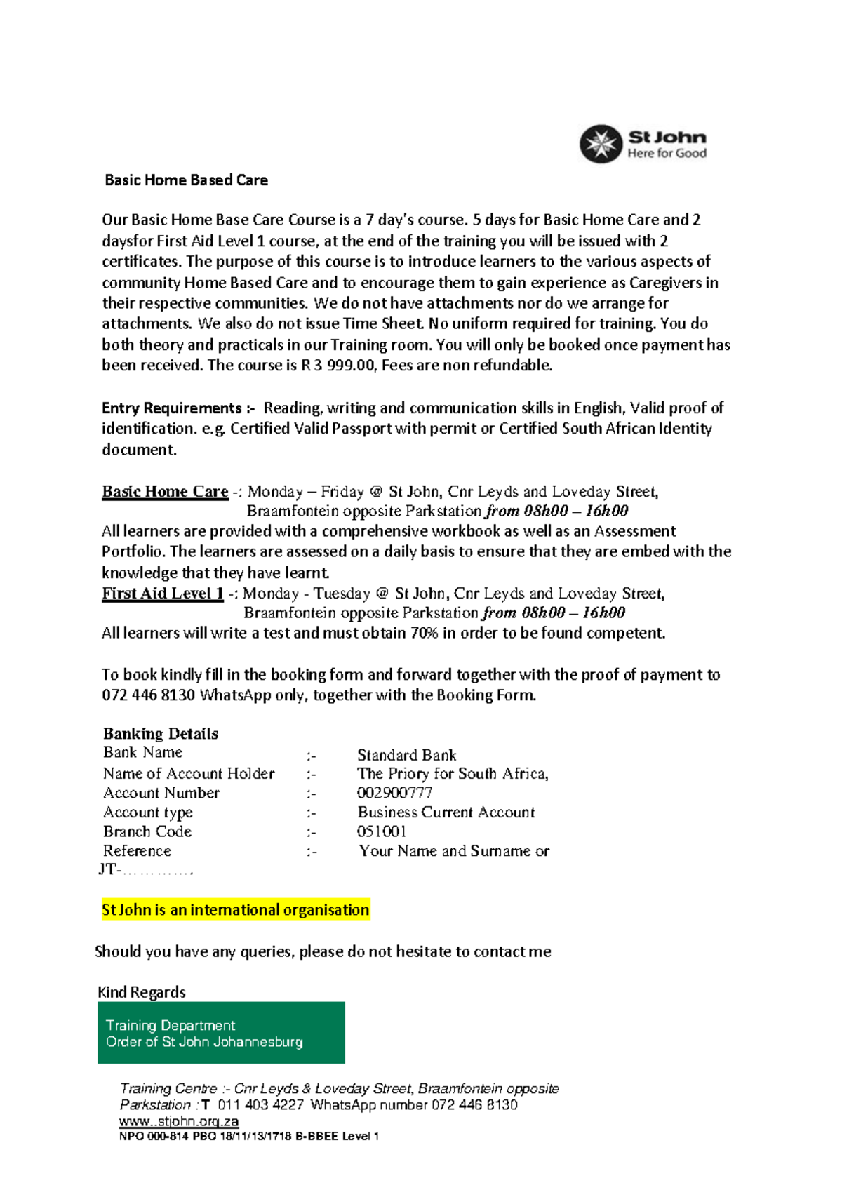 Introduction to Home Base Care - Training Department Order of St John ...