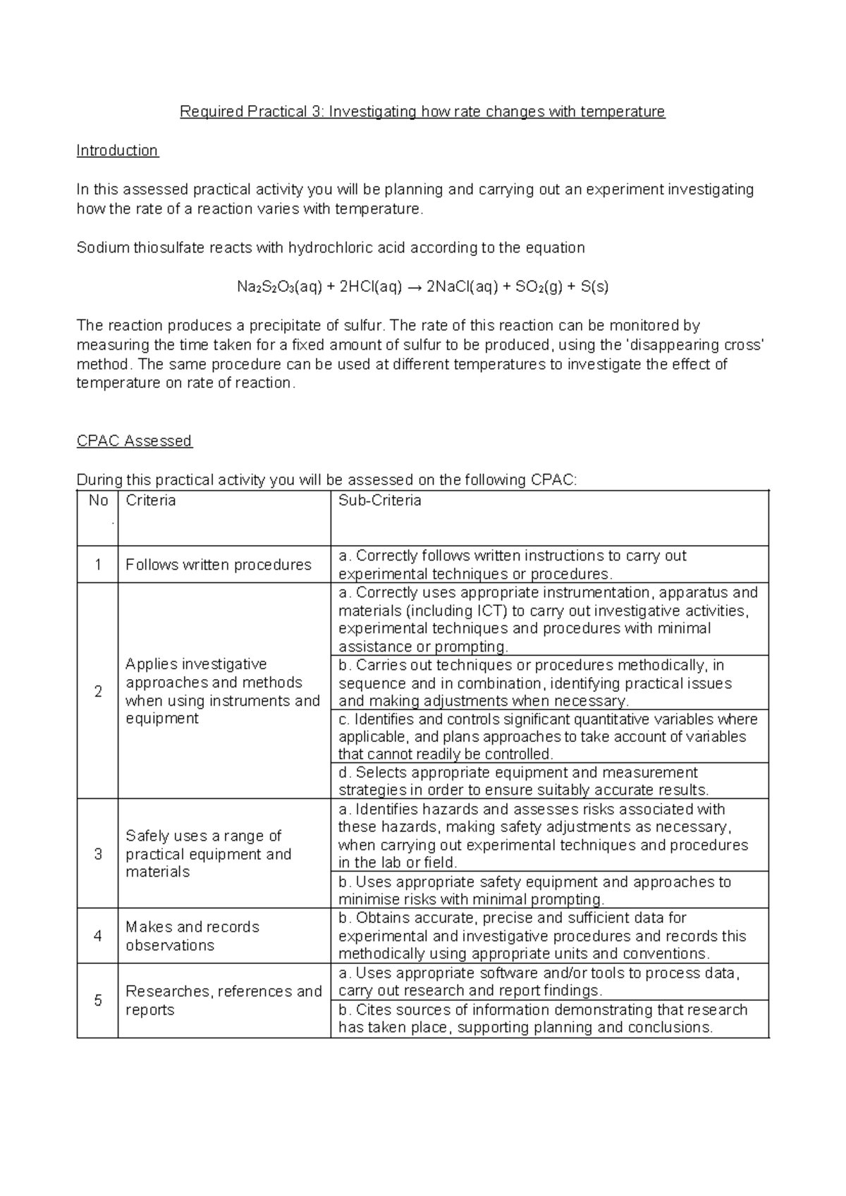 RP3 Method Sheet - eeee - Required Practical 3: Investigating how rate ...