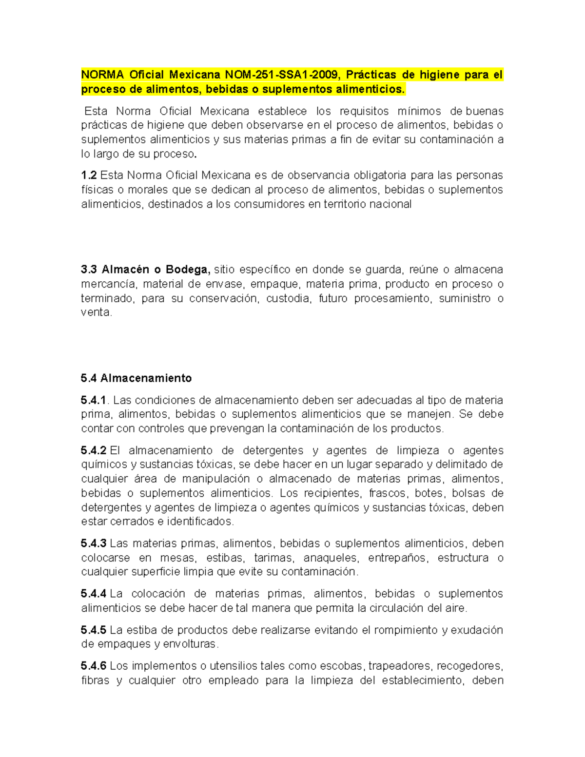 Norma Oficial Mexicana NOM NOM-251-SSA1-2009 , Practicas DE Higiene PARA EL Proceso DE Alimentos ...