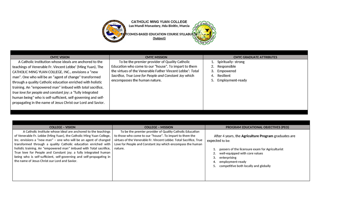 Syllabus-Template - Syllabus template - COLLEGE – VISION COLLEGE – MISSION PROGRAM EDUCATIONAL ...