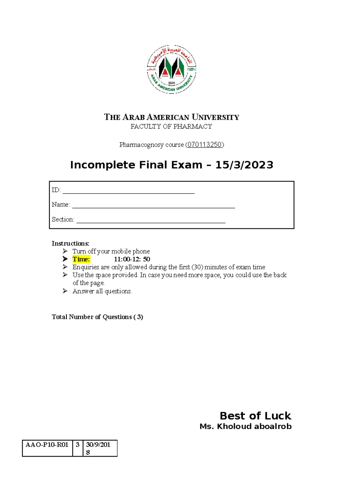 Pharmacognosy - incomplete final Exam Form for pharmacognosy 10-2 - THE ...